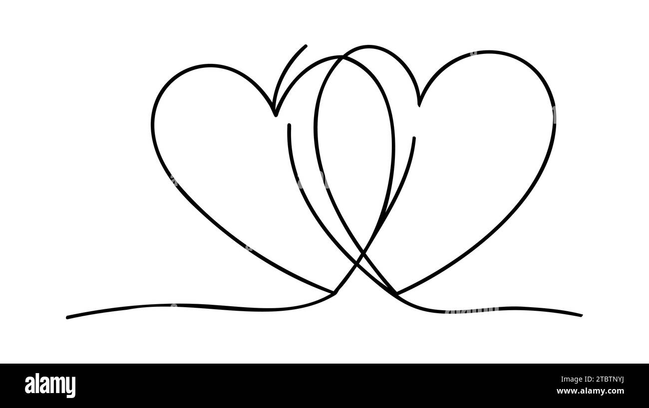 One Continuous line drawing of two hearts with love signs. Thin curls ...