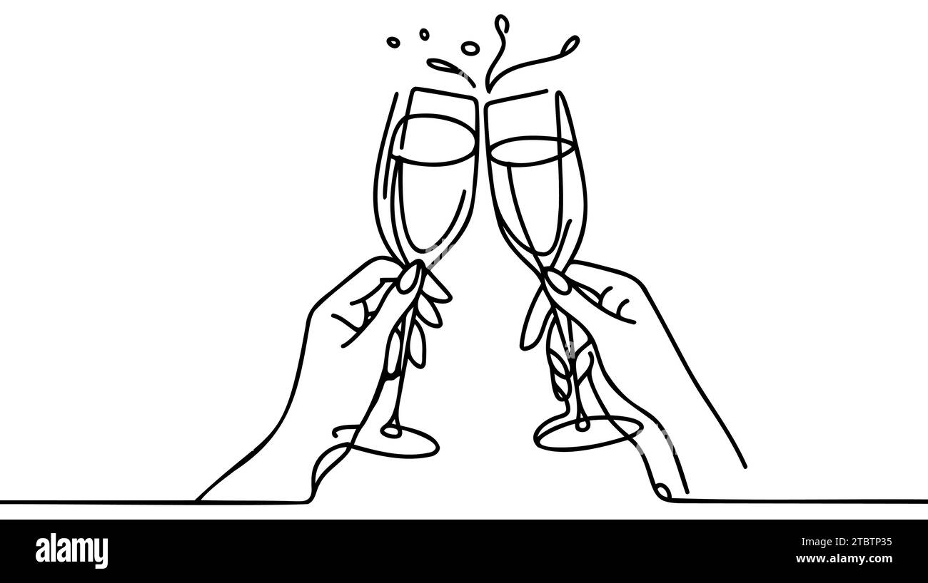 Continuous line champagne cheers. Hands toasting with wine glasses with ...