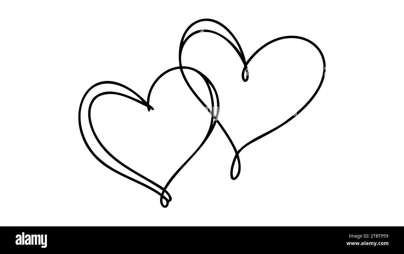 One Continuous line drawing of two hearts with love signs. Thin curls ...