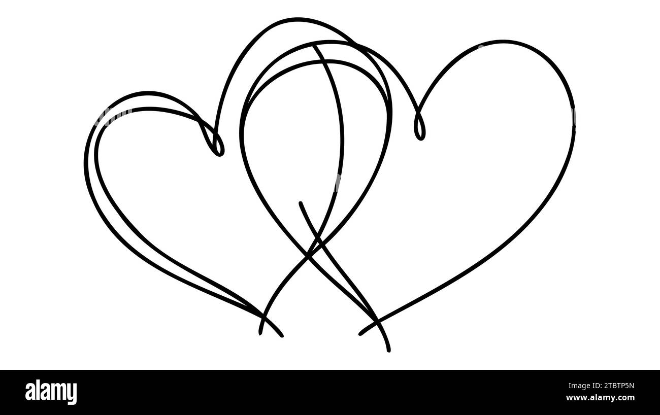 One Continuous line drawing of two hearts with love signs. Thin curls ...