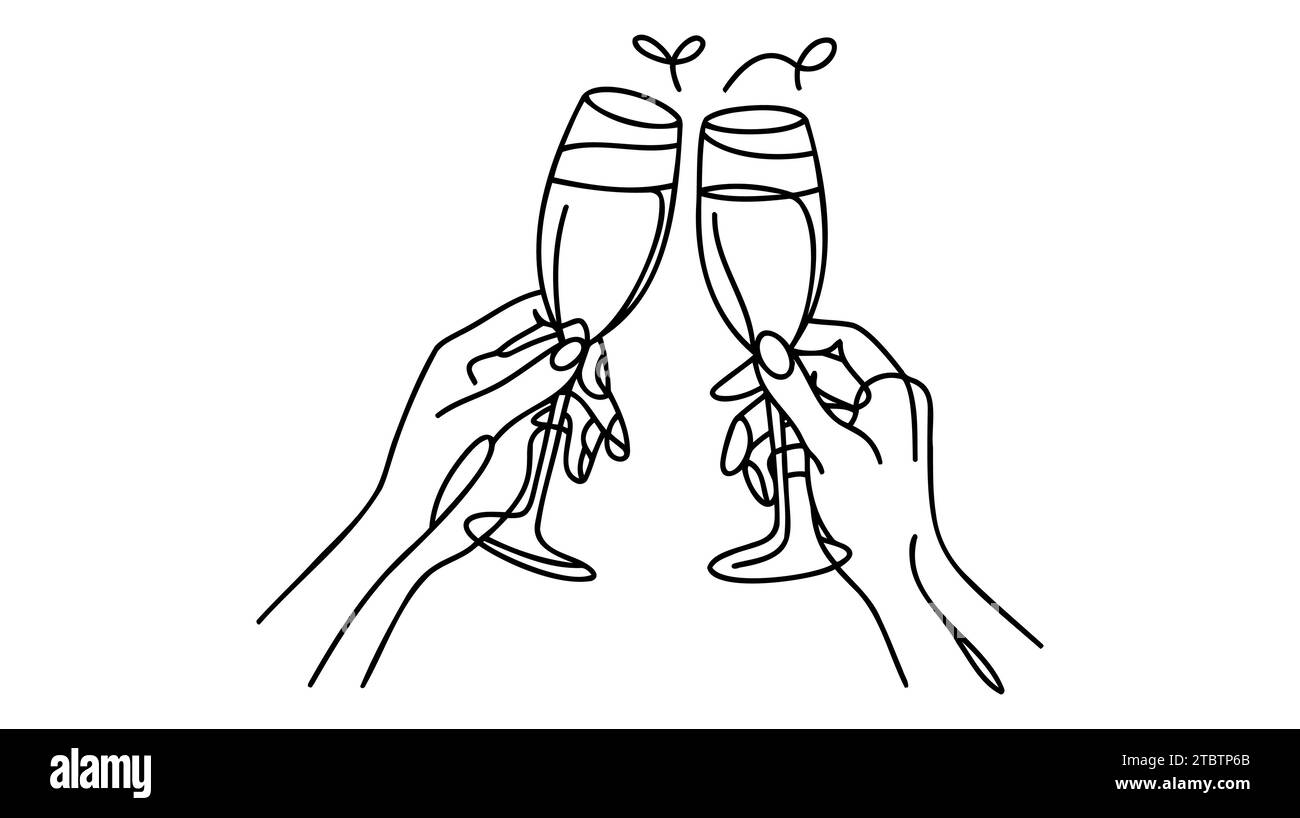 Continuous line champagne cheers. Hands toasting with wine glasses with ...