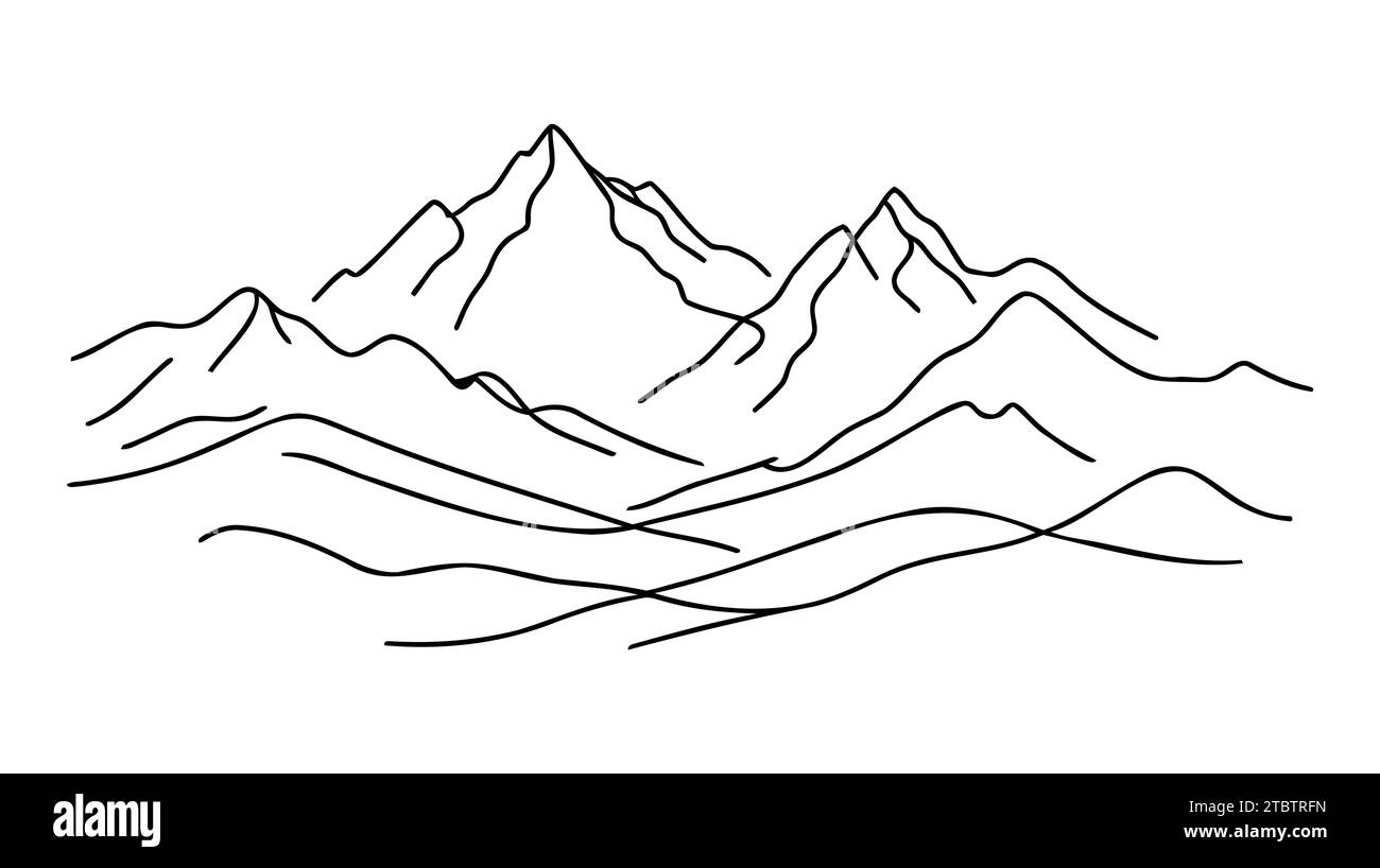 One continuous line drawing of mountain range landscape. Web banner ...