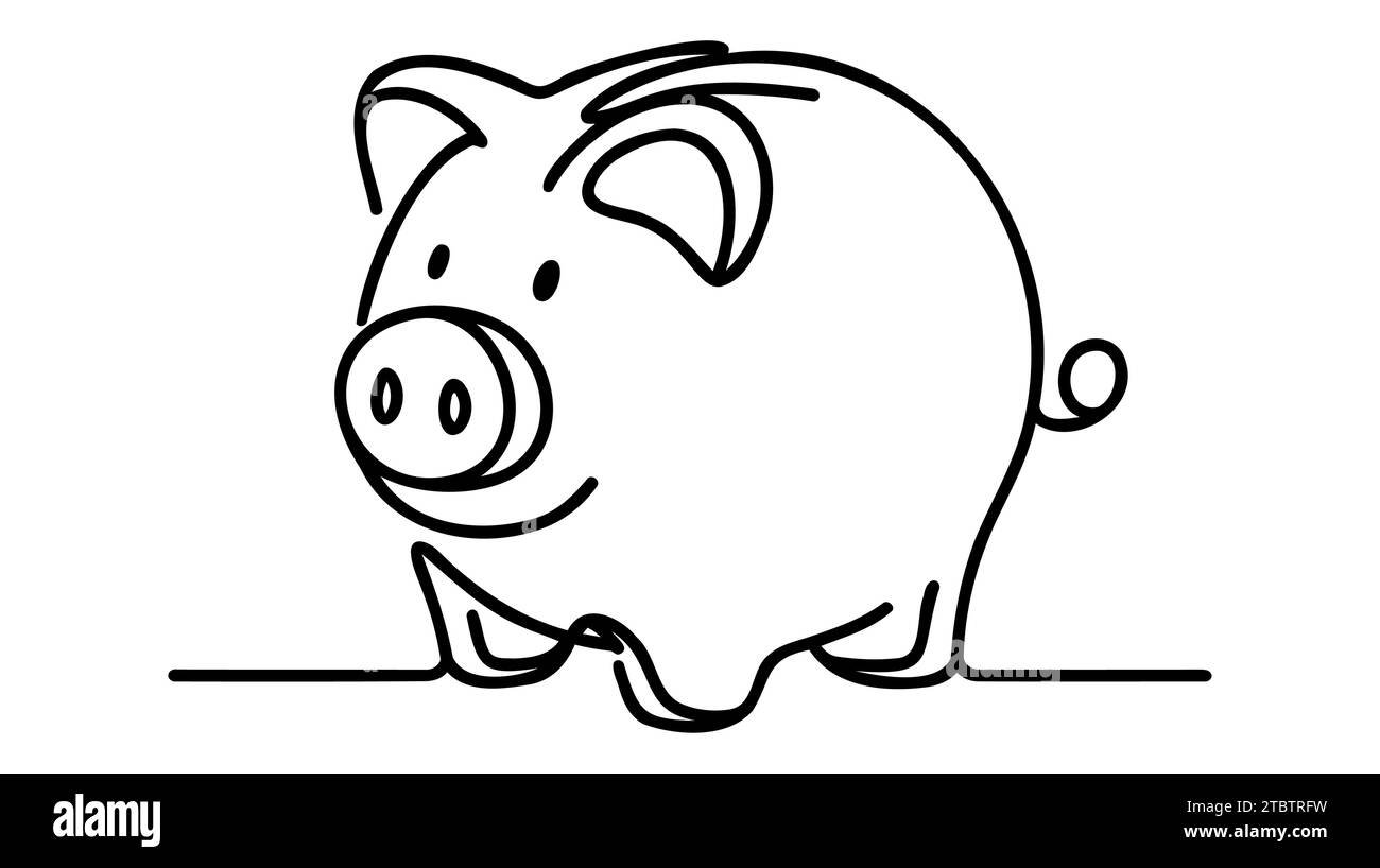 Piggy bank in continuous line art drawing style. Pig moneybox black ...