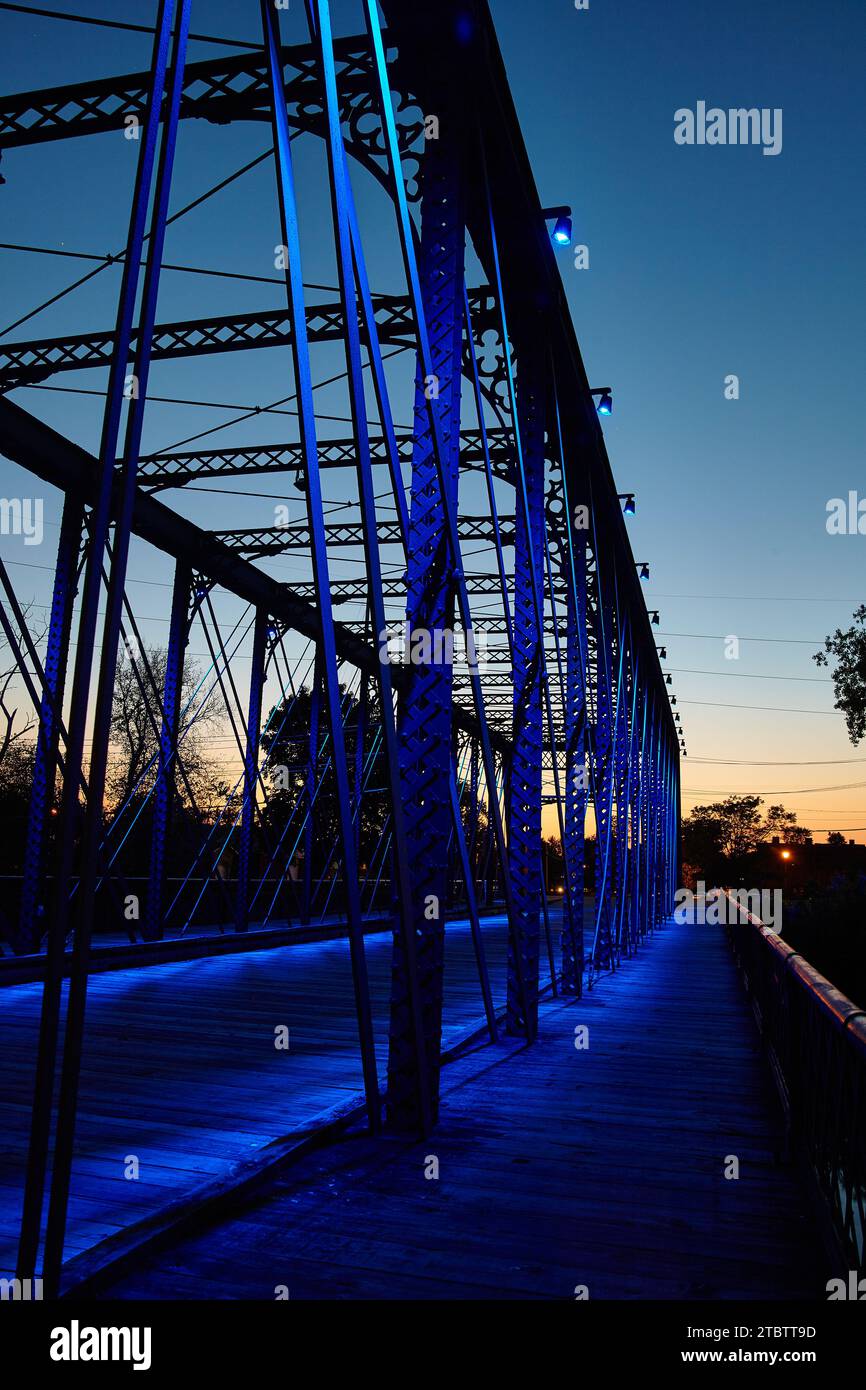 Twilight Glow on Blue Lit Pedestrian Wells Street Bridge, Fort Wayne ...