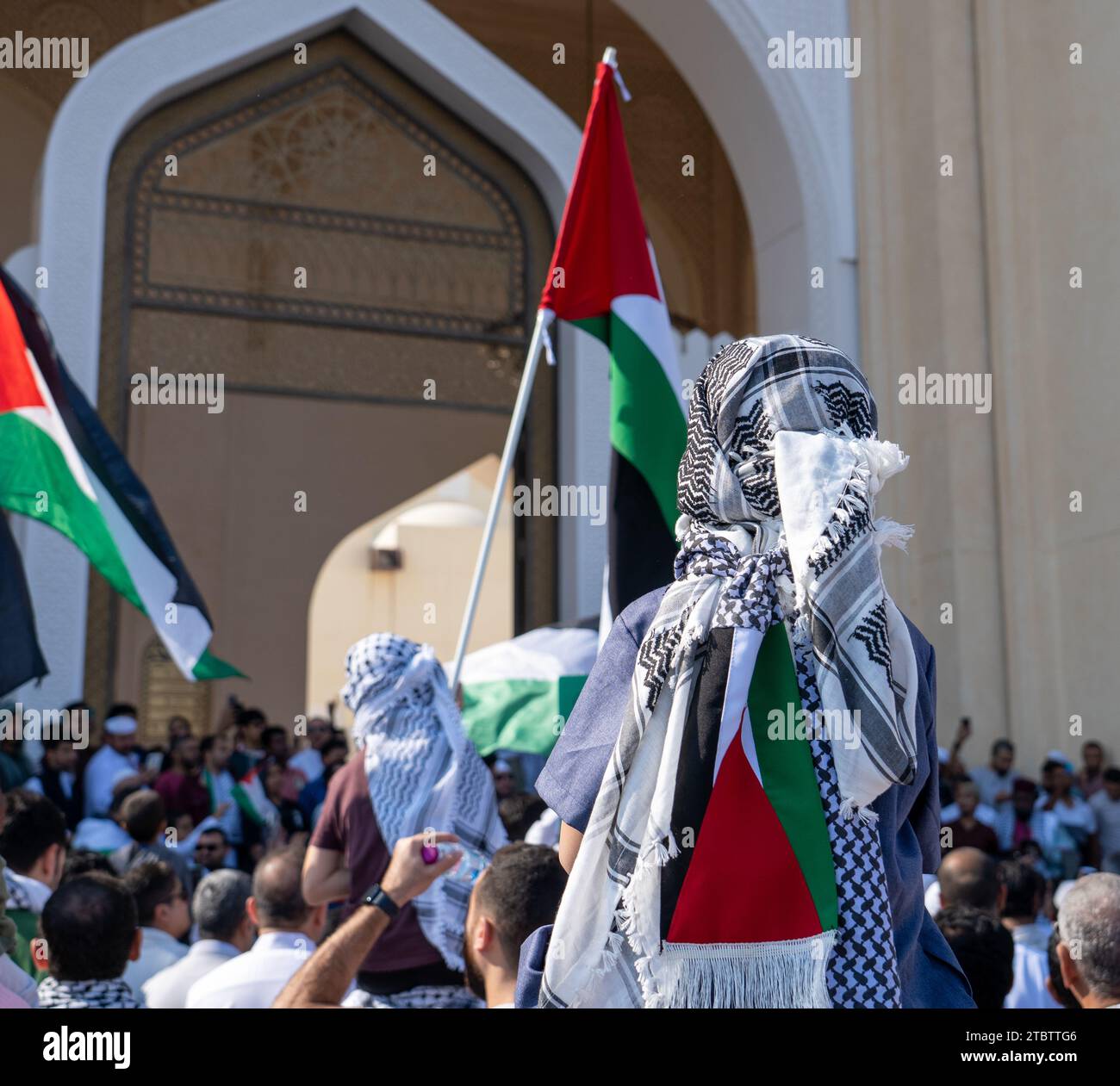 Doha, Qatar- December 9,2023- solidarity protest in qatar to express ...