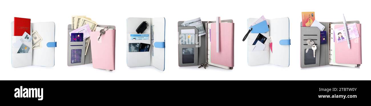 Set of travel organizers with different things on white background ...