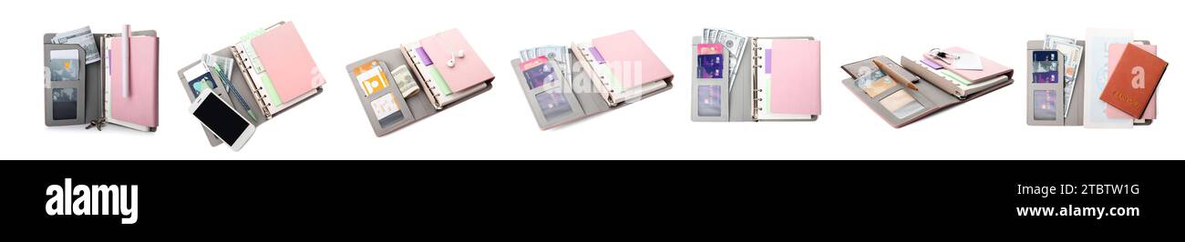Collection of travel organizers with different things on white ...