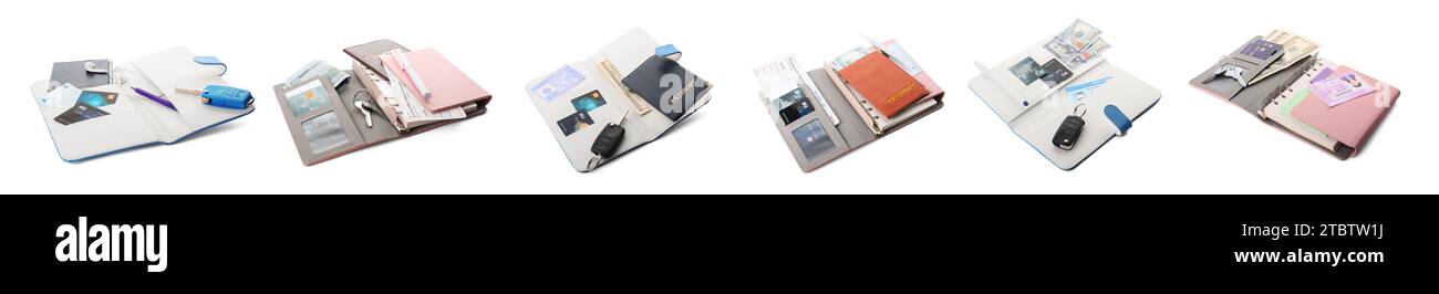Set of travel organizers with different things on white background ...