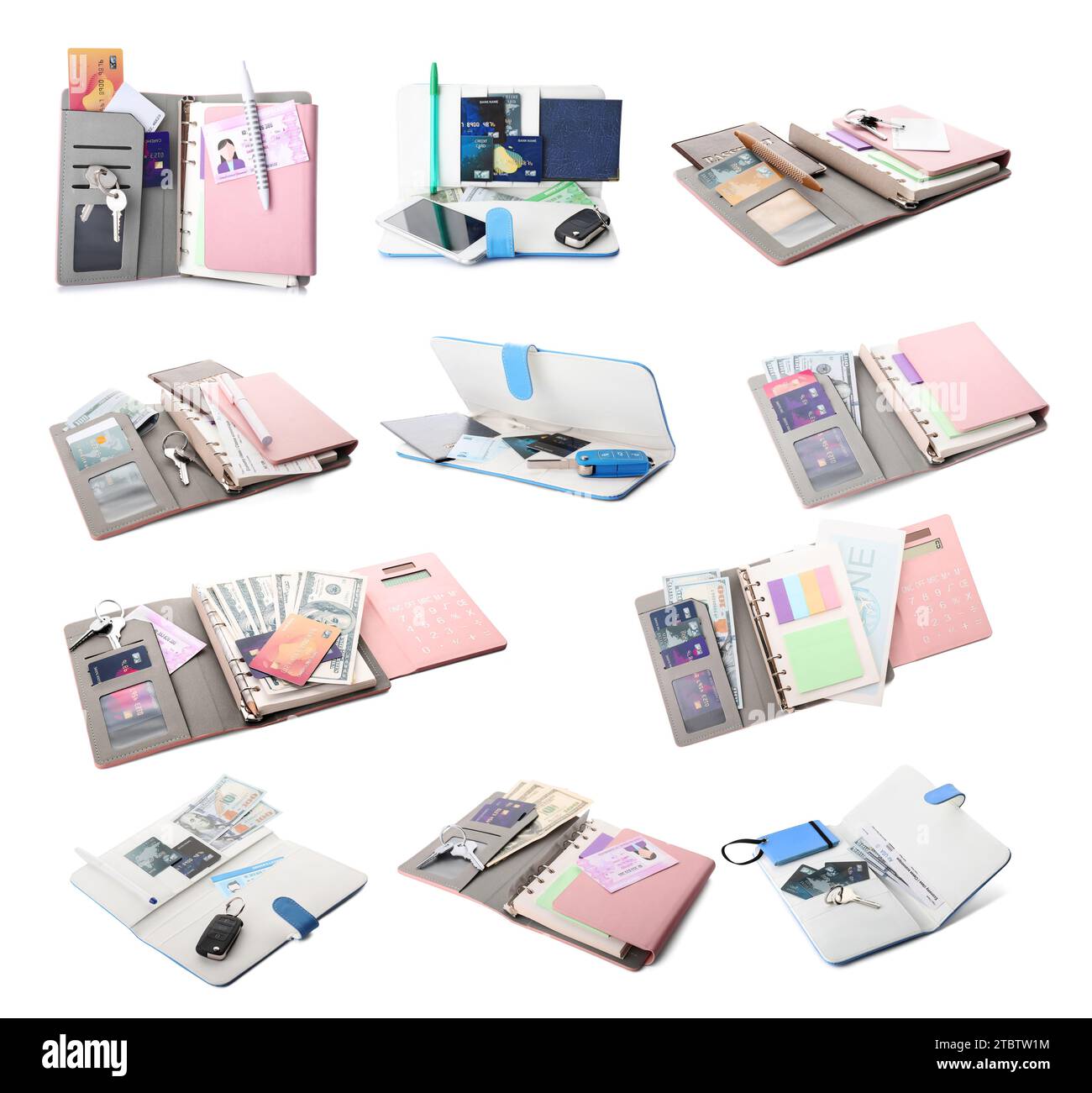 Collection of travel organizers with different things on white ...