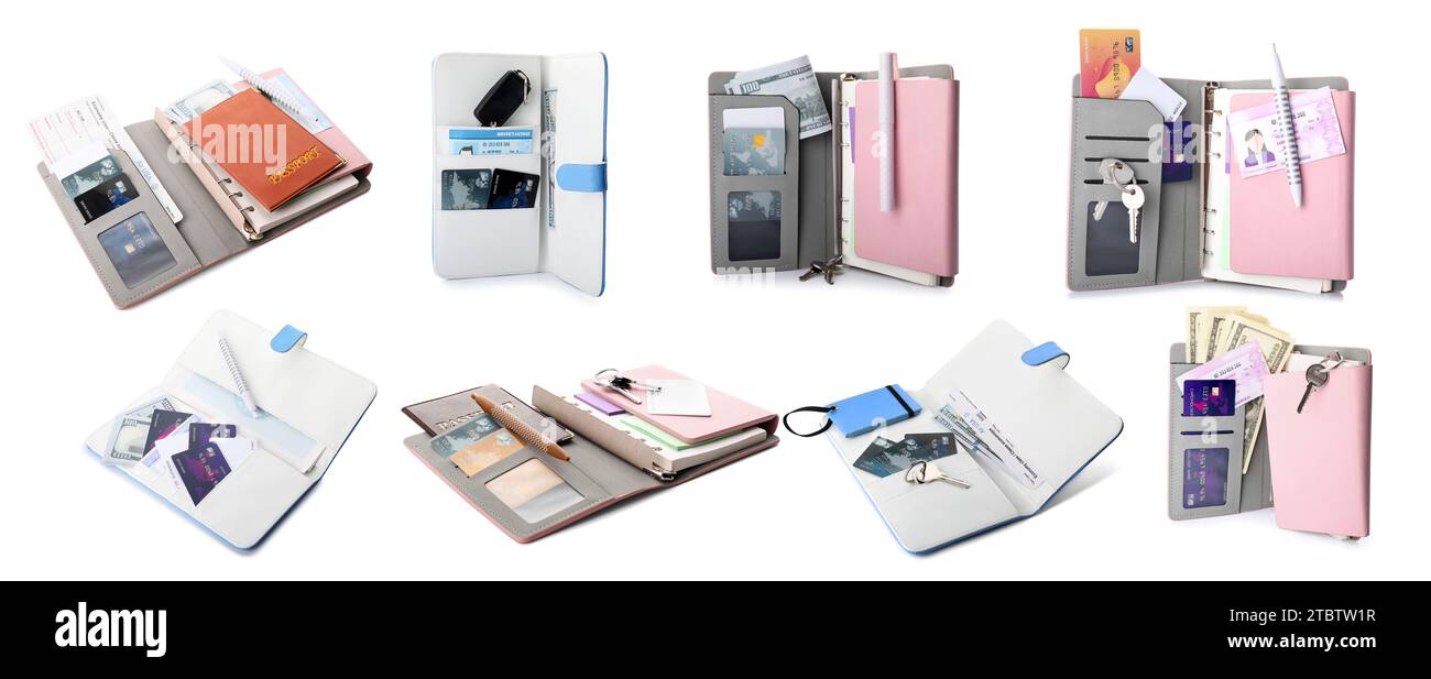 Collage of travel organizers with different things on white background ...