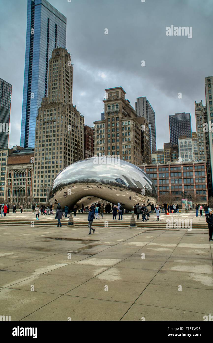CHICAGO, IL, USA - April 1,2023. Millennium Park, Chicago on Cloud Gate ...