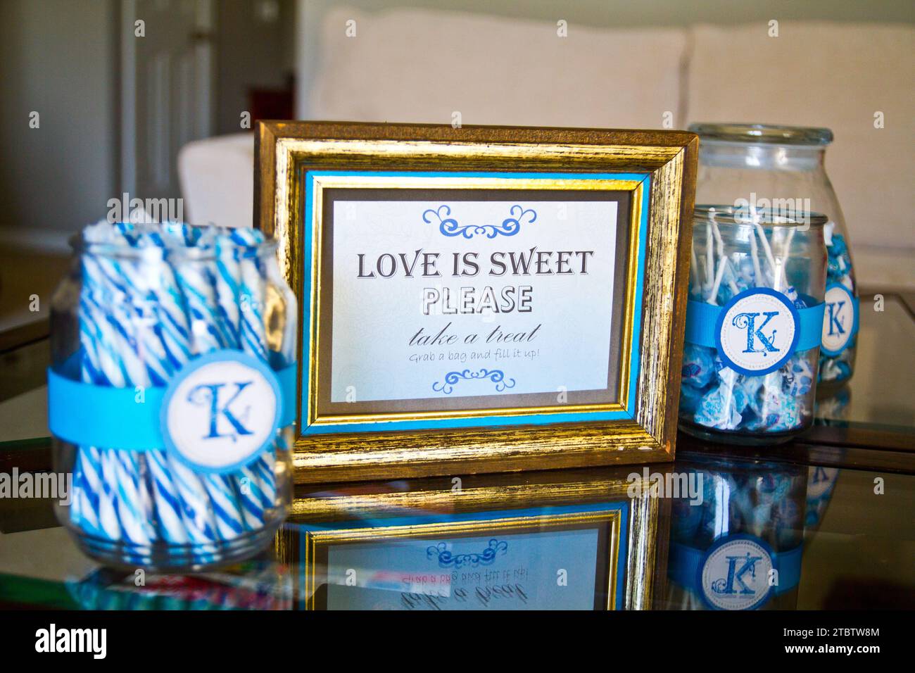 Elegant Candy Buffet Sign at Indoor Celebration with Blue Accents Stock ...