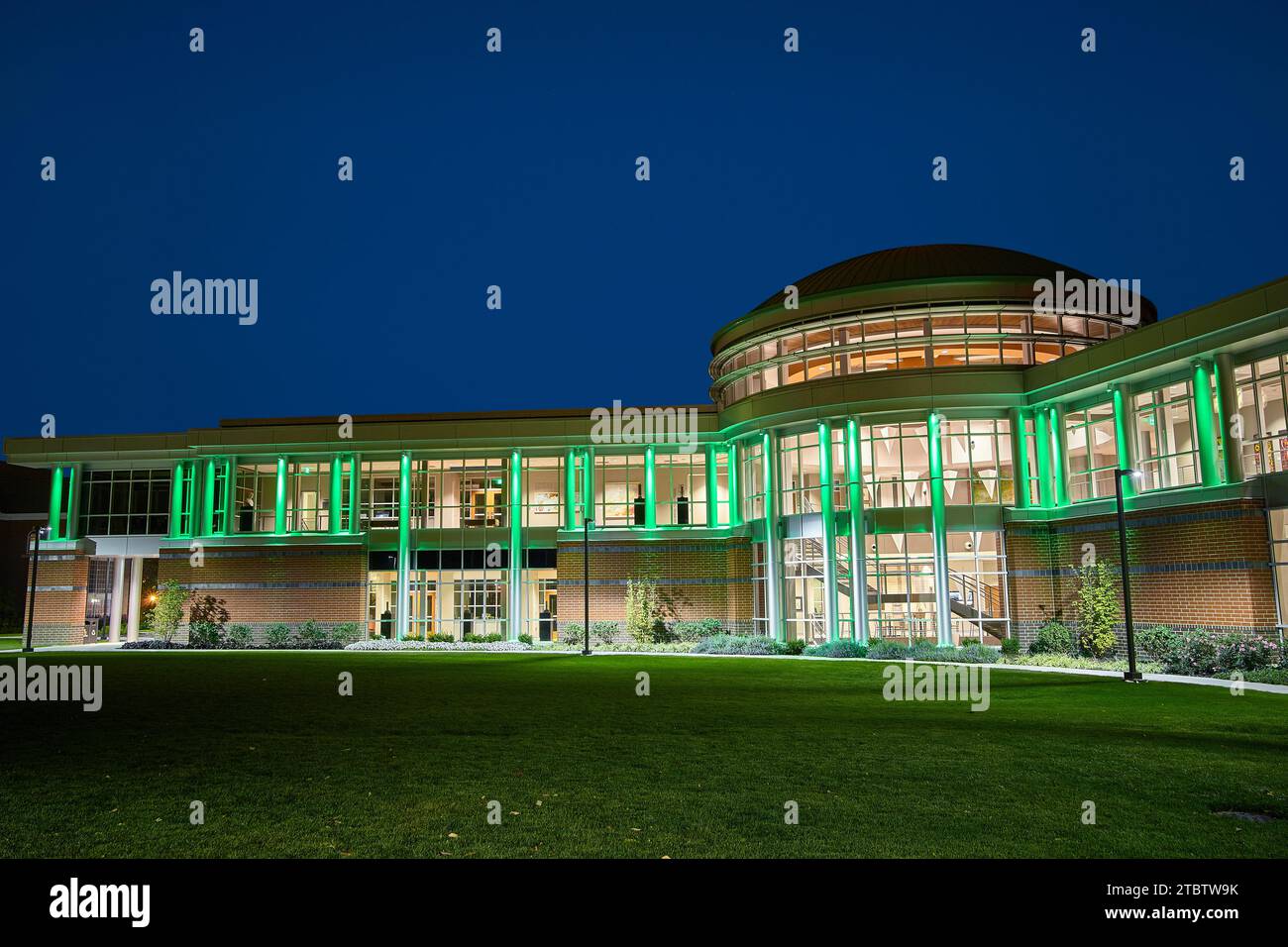 Green-Lit Modern Architecture of Indiana Tech at Night Stock Photo - Alamy