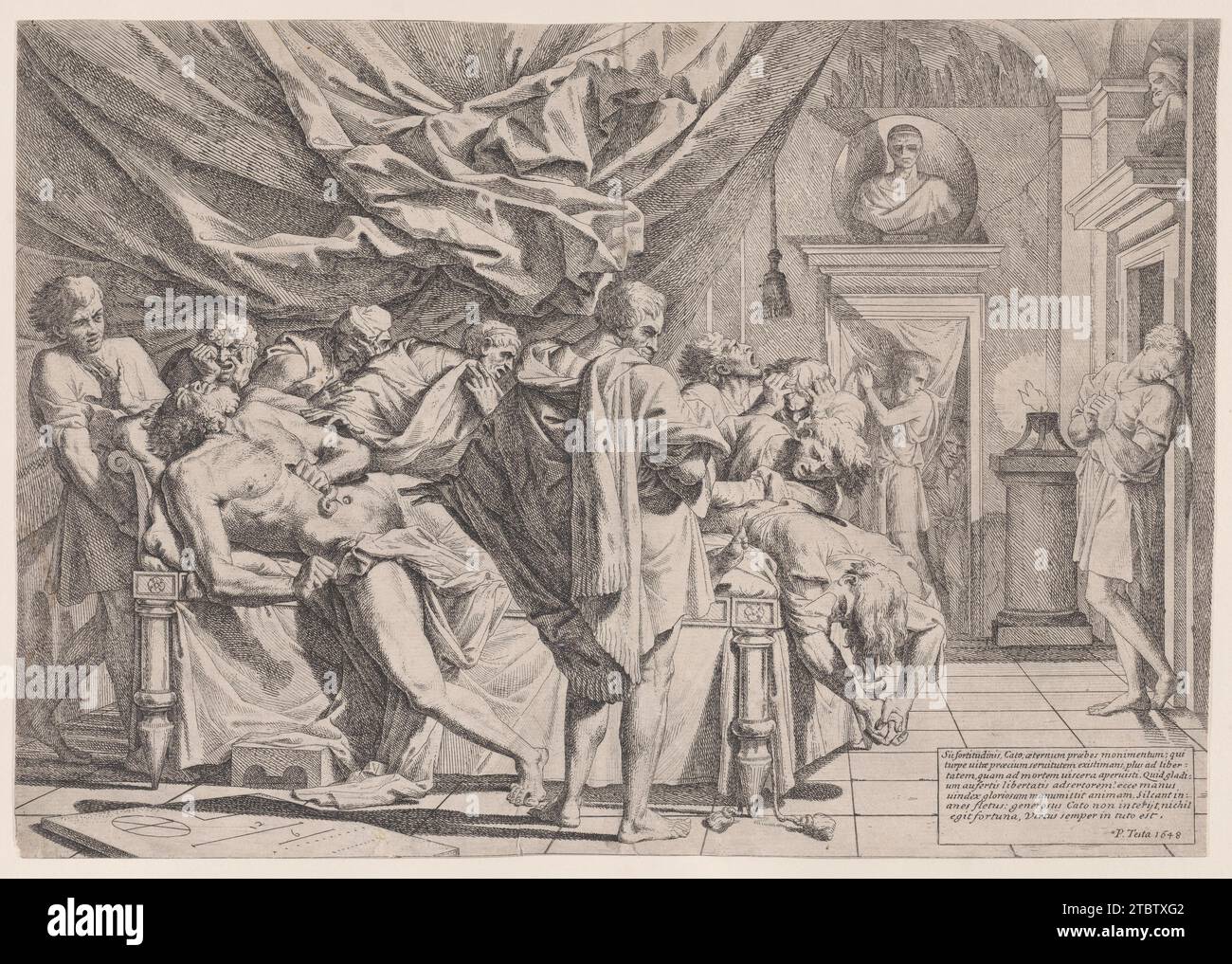 The suicide of the philosopher Cato, who lies on his bed pulling out ...