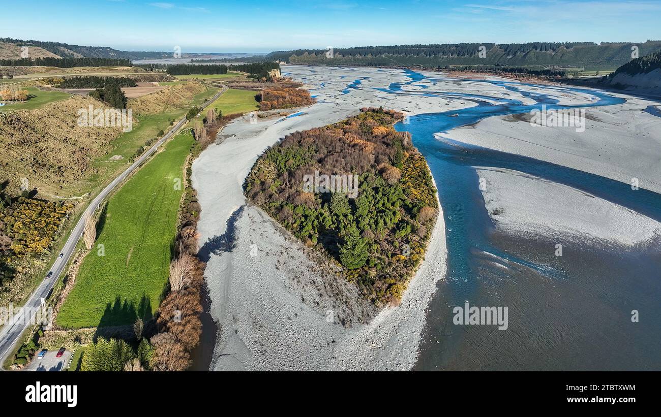 Aerial view of the braided Rakaia river flowing through the Rakaia ...