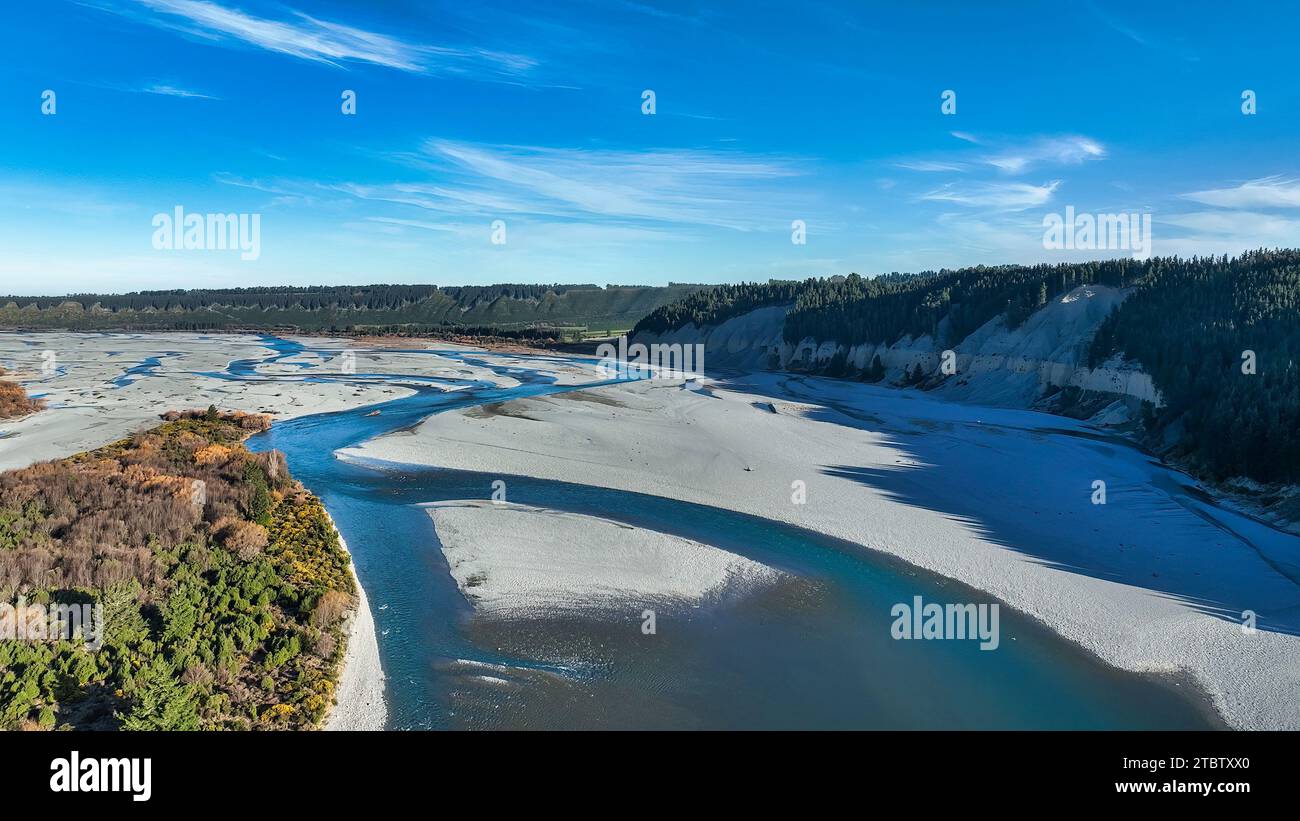 Aerial view of the braided Rakaia river flowing through the Rakaia ...