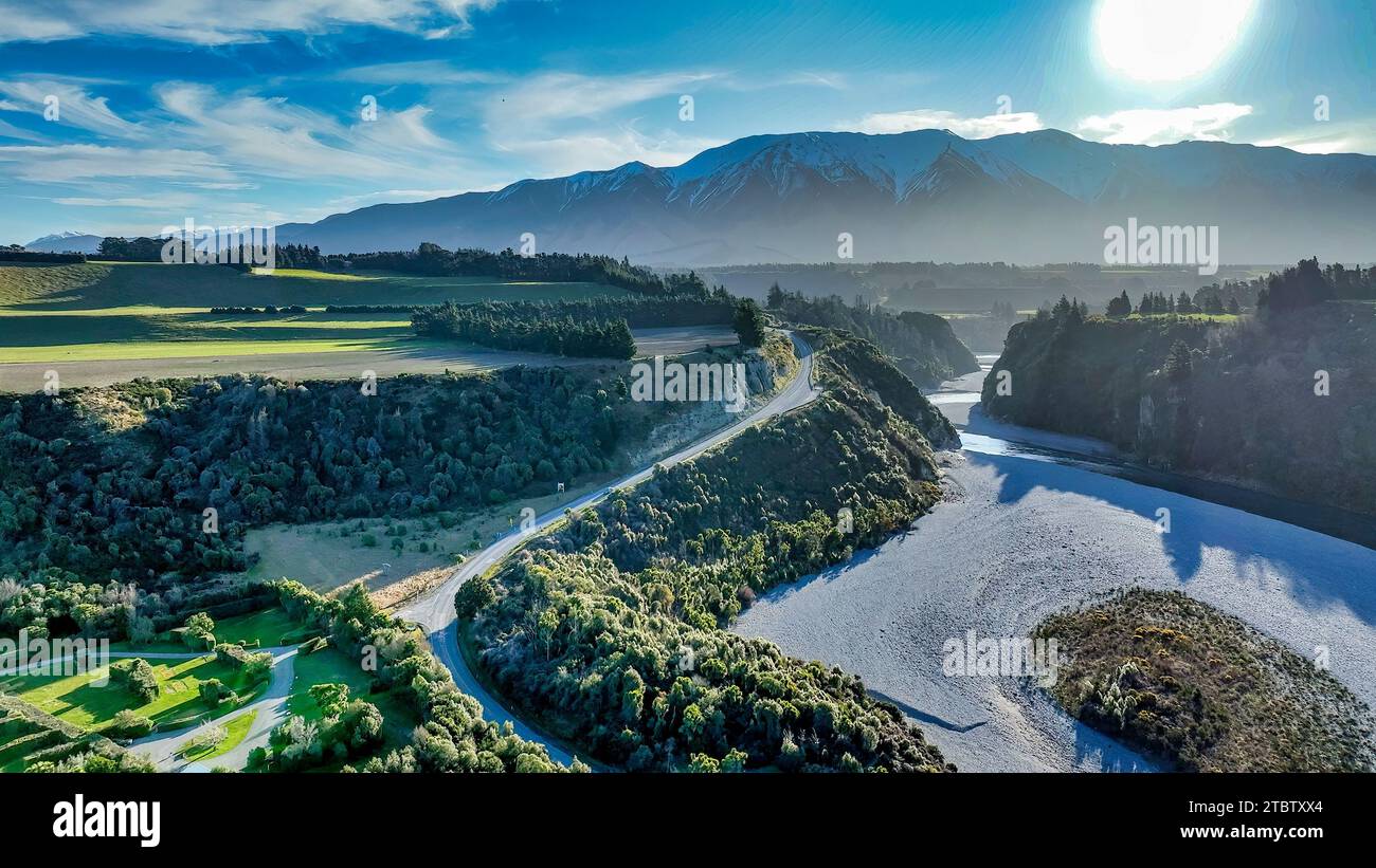 Aerial view of the braided Rakaia river flowing through the Rakaia ...