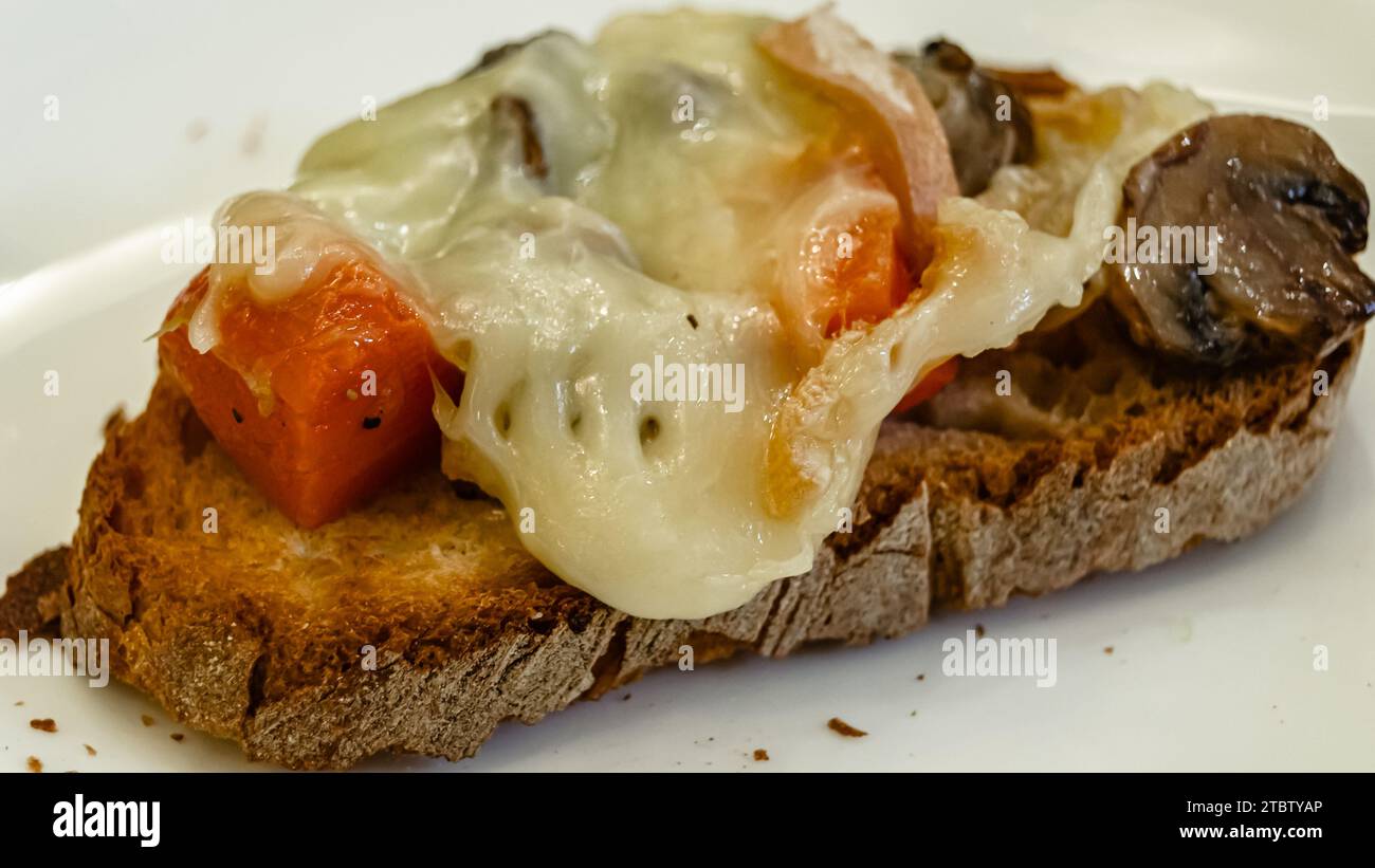 Presentation of a raclette, typical Swiss food, melted cheese on toast ...