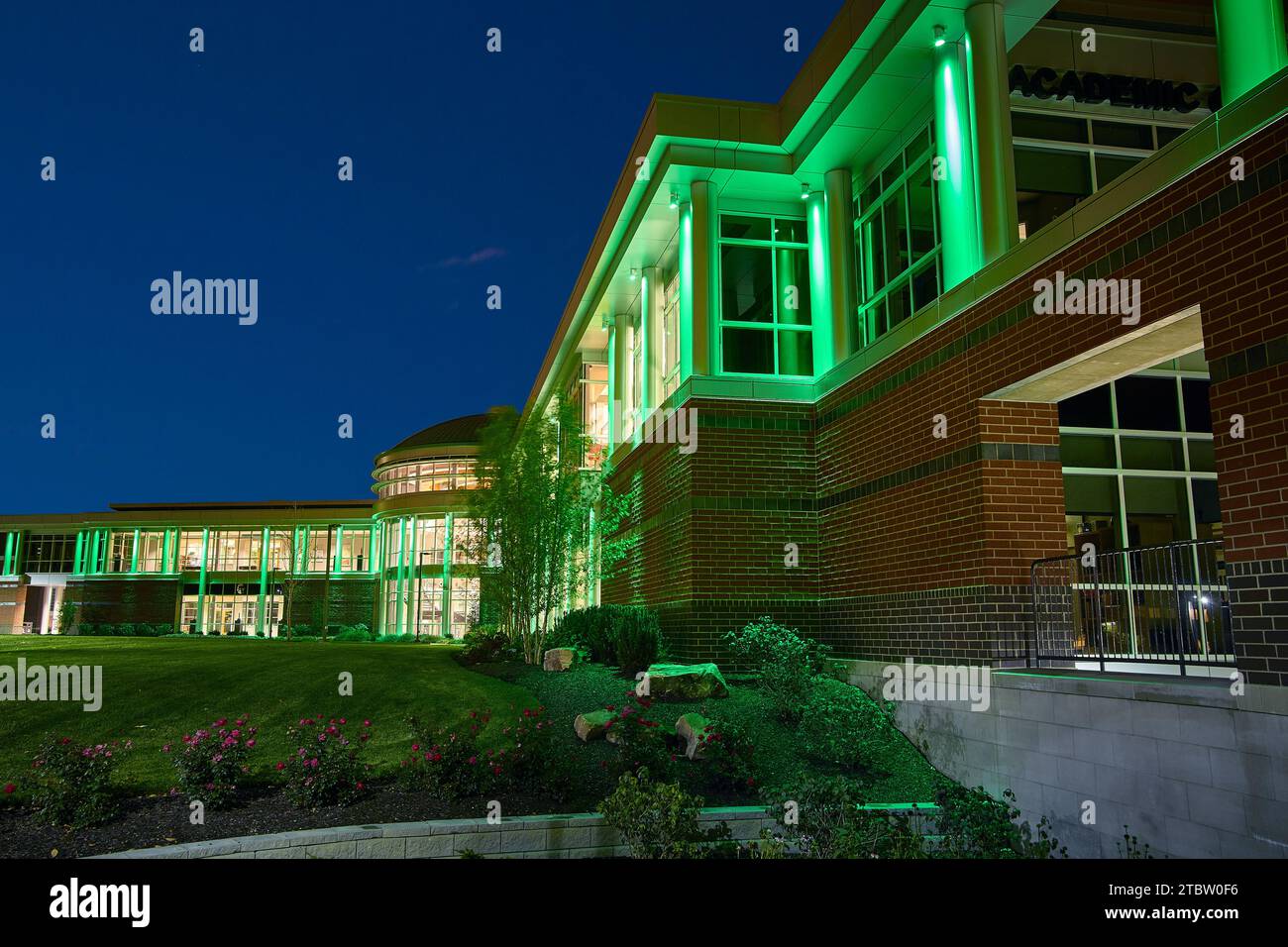 Modern Educational Building Illuminated in Green, Night View, Indiana ...
