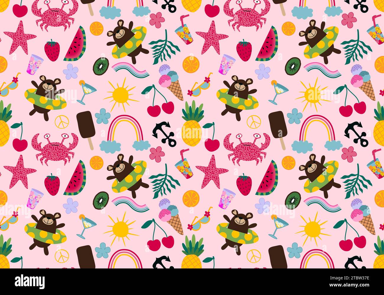 Summer cartoon doodle seamless rainbow and crabs and cherry and ice ...