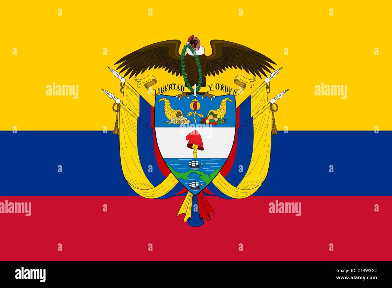The official current flag and coat of arms of Republic of Colombia ...