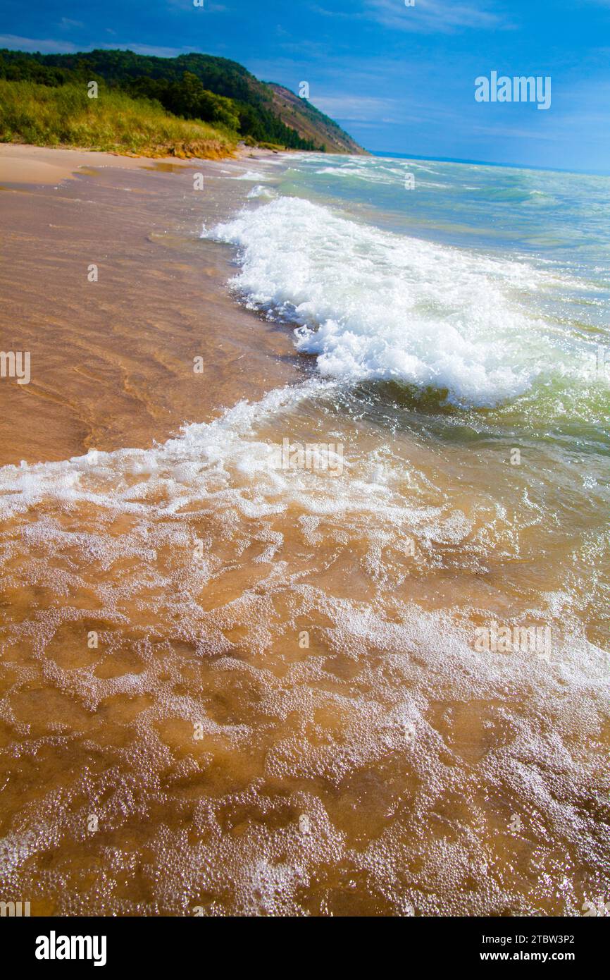 Secluded Lake Michigan Beach with Lush Greenery and Crashing Waves ...