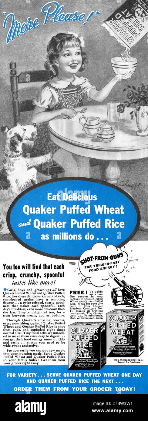 1939 Canadian advertisement for Quaker Puffed Wheat and Quaker Puffed ...