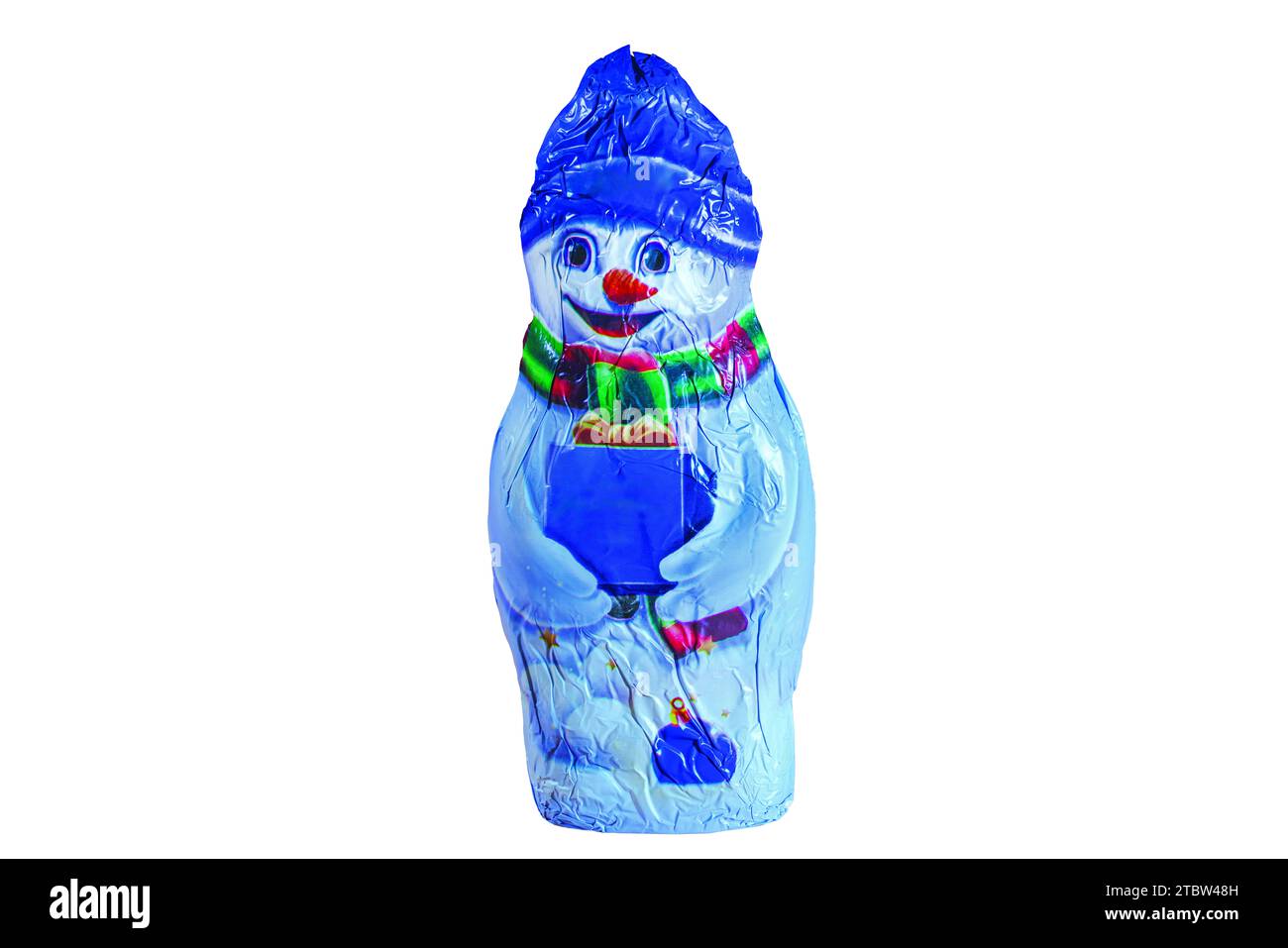 Close-up view of chocolate snowman-shaped candy isolated on white ...