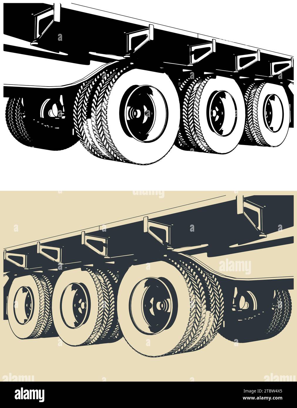 Stylized vector illustrations of wheelsets of three axle trailer close ...