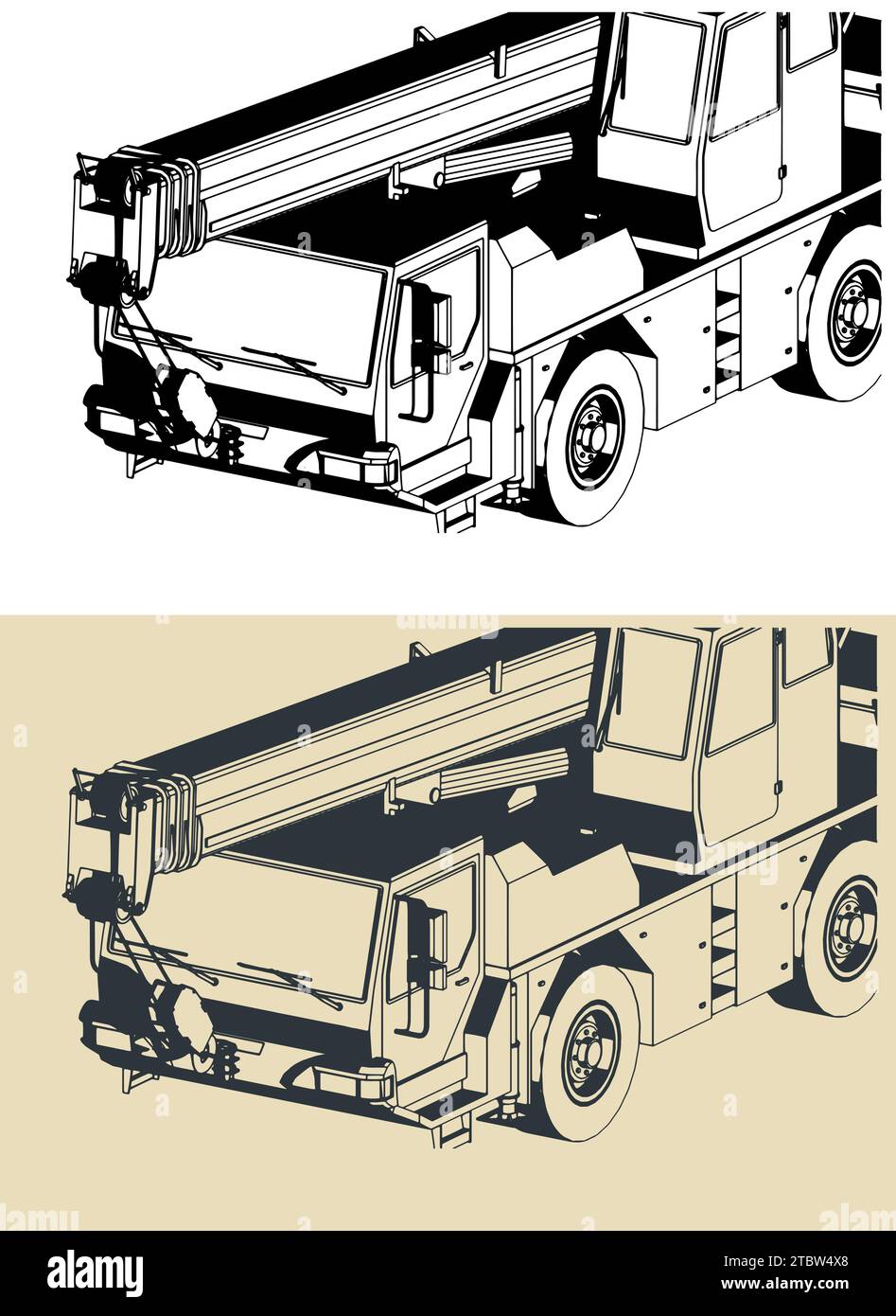 Stylized vector illustration of mobile crane with powerful long ...