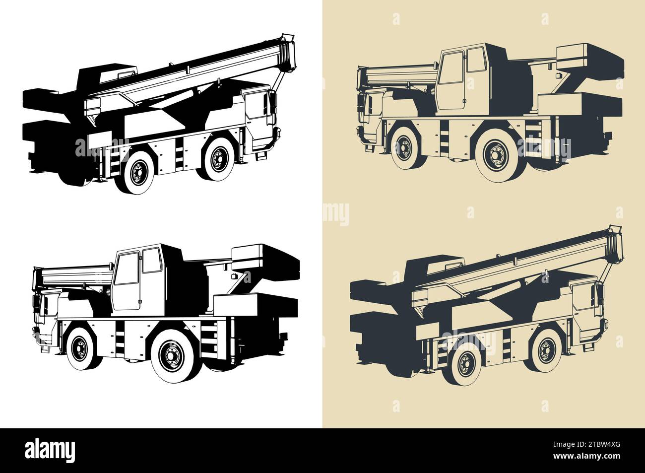 Stylized vector illustrations of mobile crane with powerful long ...