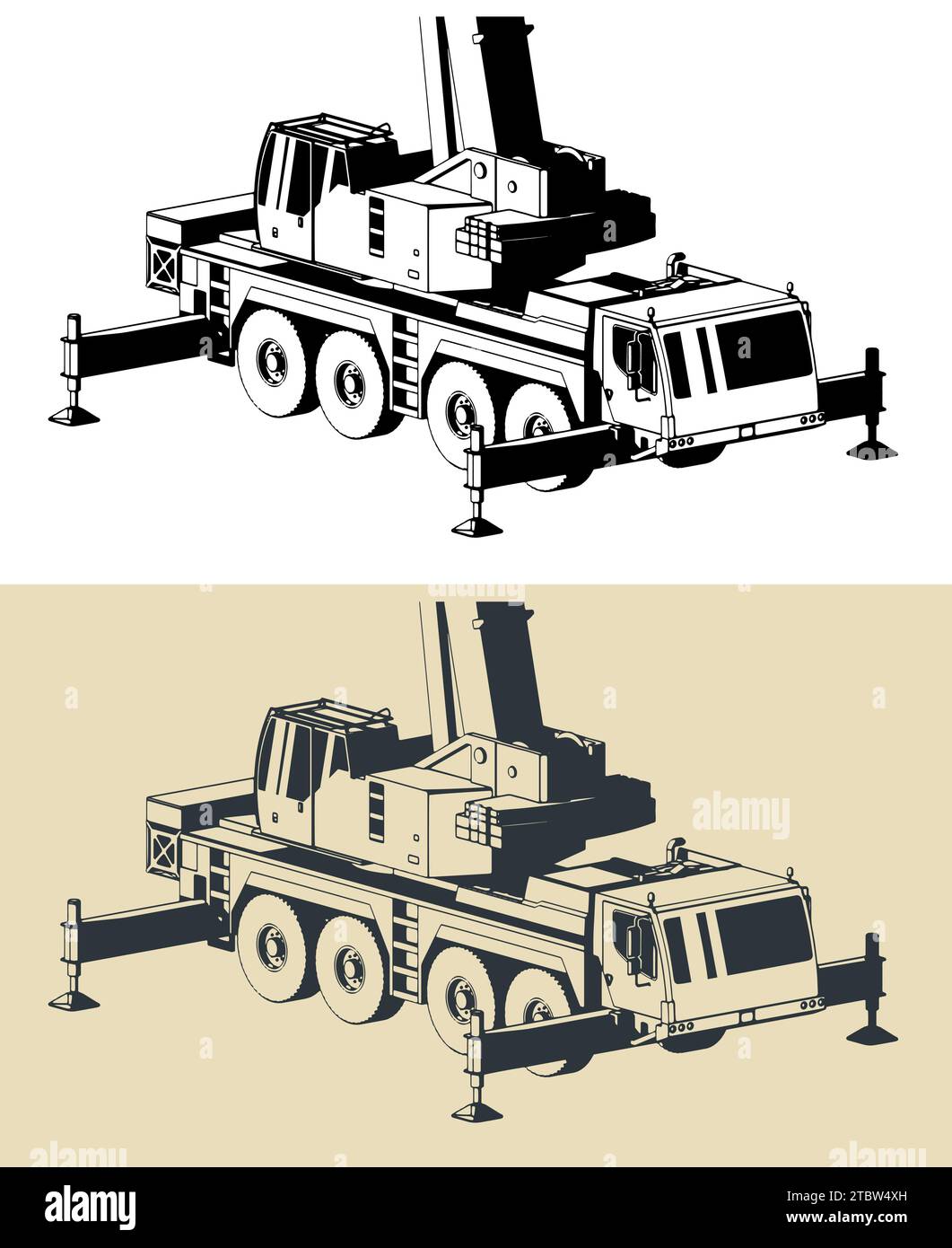Stylized vector illustration of mobile crane with powerful long ...