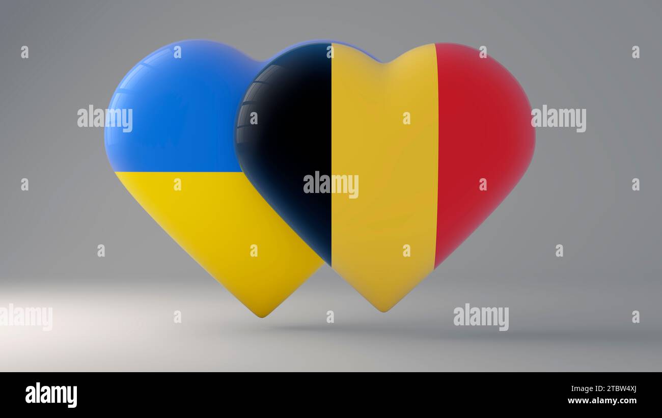 State symbol of Ukraine and Belgium on glossy badges. 3D rendering ...