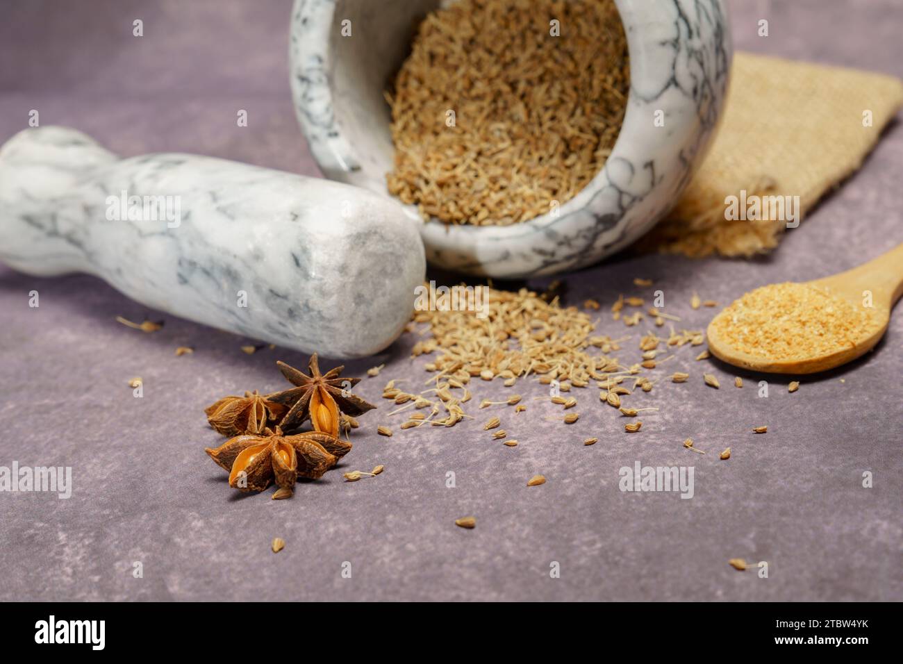 Whole dried anise seeds (Pimpinella anisum) in a ceramic mortar and ...