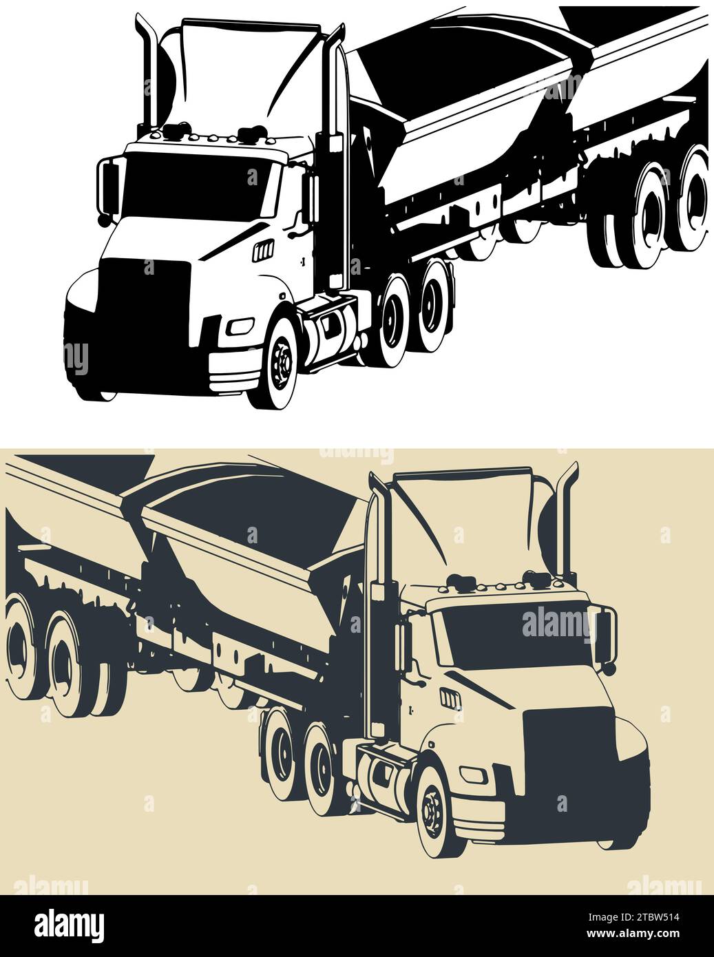Stylized vector illustrations of side dump trailer close up Stock ...