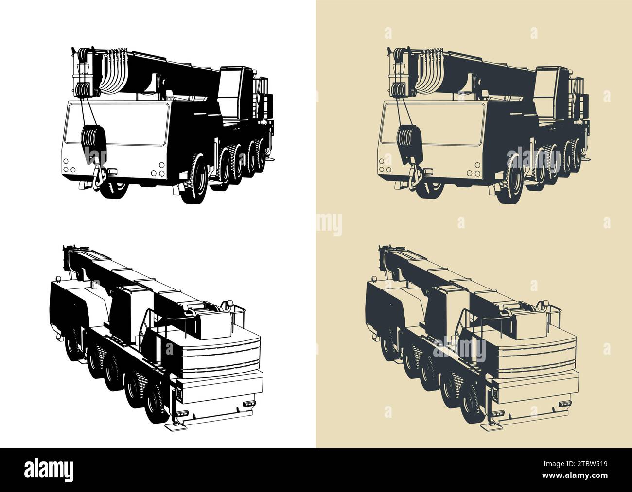 Stylized vector illustration of mobile crane with powerful long ...
