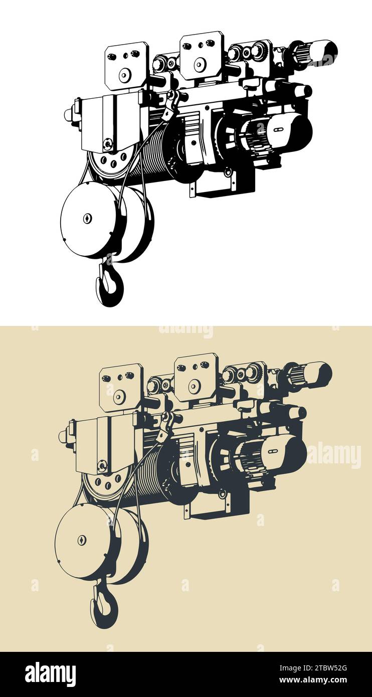Stylized vector illustrations of electric hoist with steel rope for ...