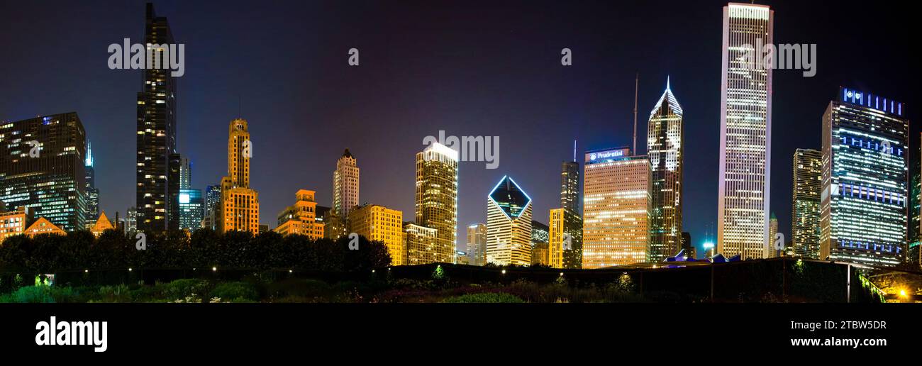 Chicago Skyline at Night - Illuminated High-Rise Buildings and Urban ...