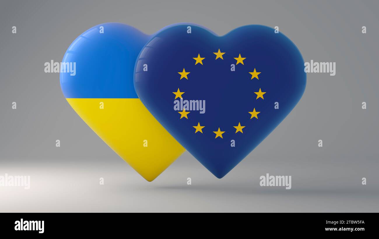 State symbol of Ukraine and European on glossy badges. 3D rendering ...