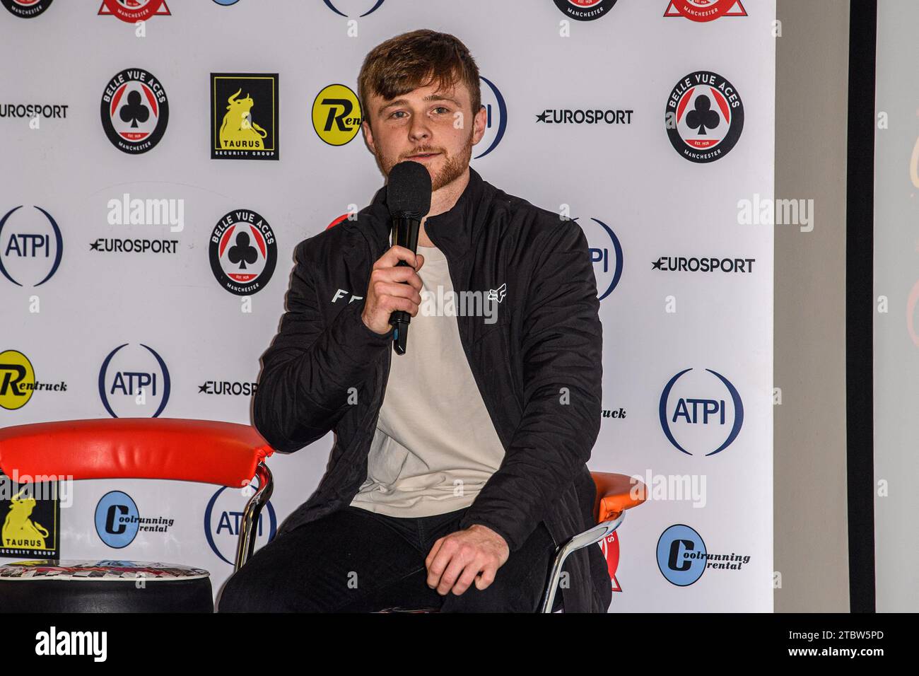 New Belle Vue Aces rider Connor Mountain is interviewed during the ...