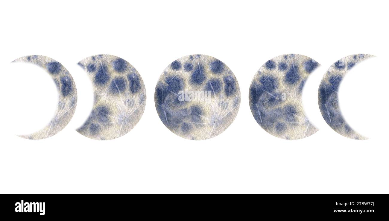 Watercolor illustrations lunar phases, crescent moon. Hand painted clip ...