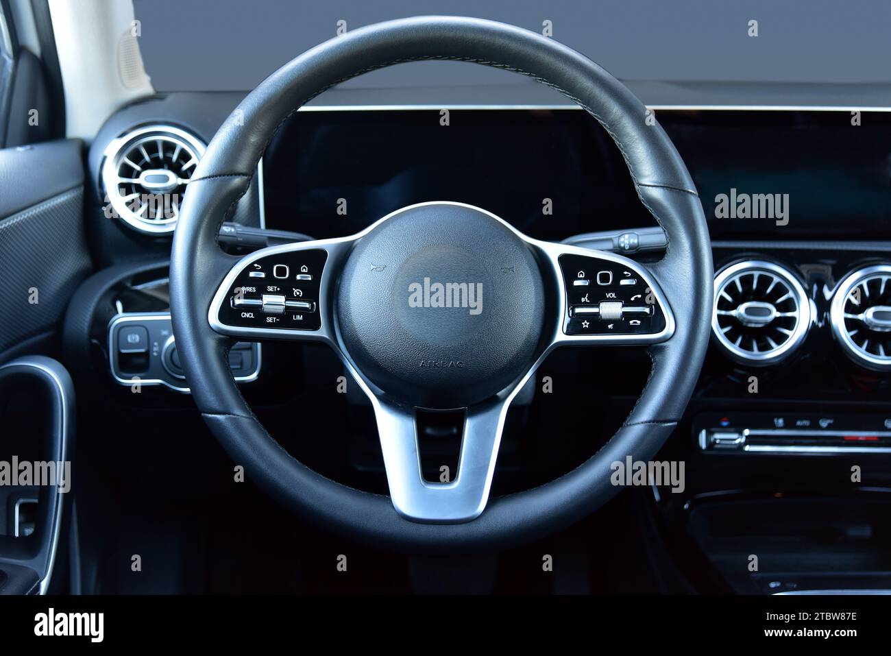 Steering wheel. Interior of a modern car. Detail in a passenger car ...
