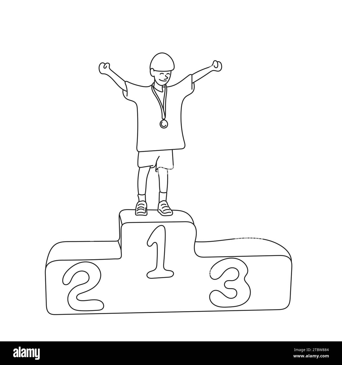 boy with gold medal standing on podium illustration vector hand drawn ...