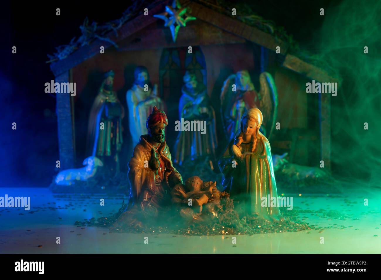 Traditional Christmas scene birth of Jesus. Christmas Manger scene with ...