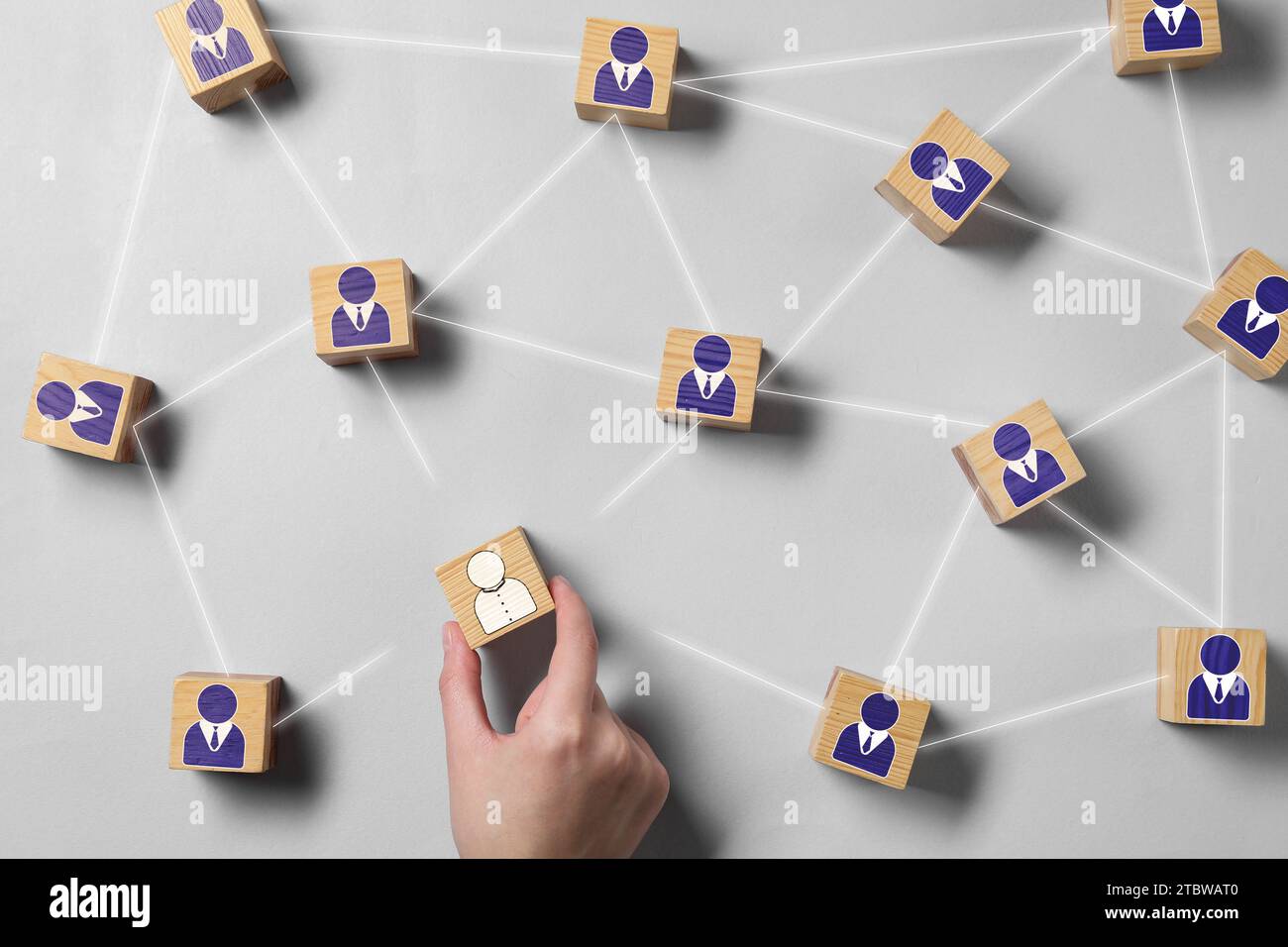 Team management. Woman arranging wooden cubes with human icons linked ...