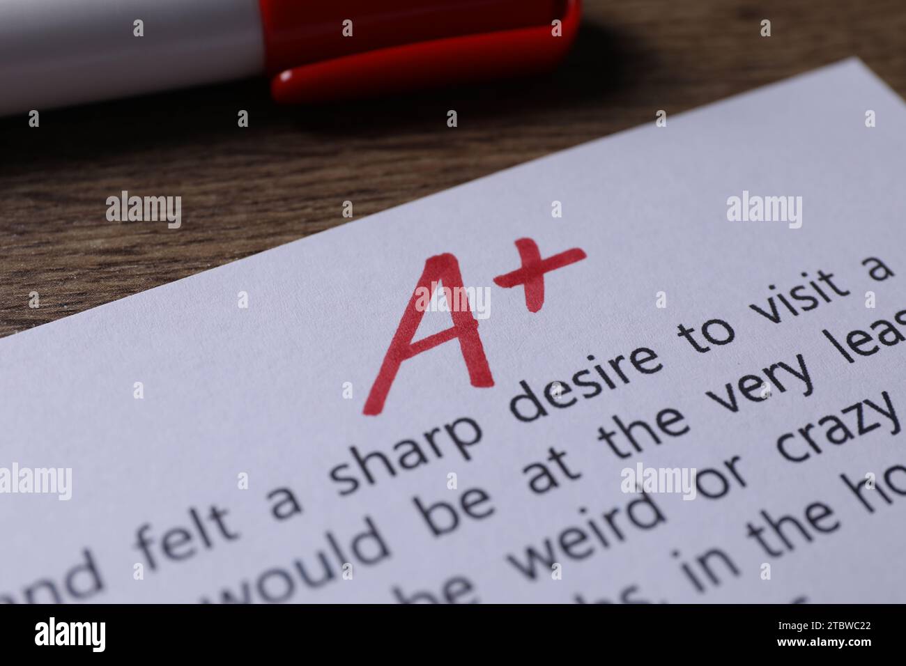 School grade. Sheet of paper with red letter A, plus symbol and marker ...