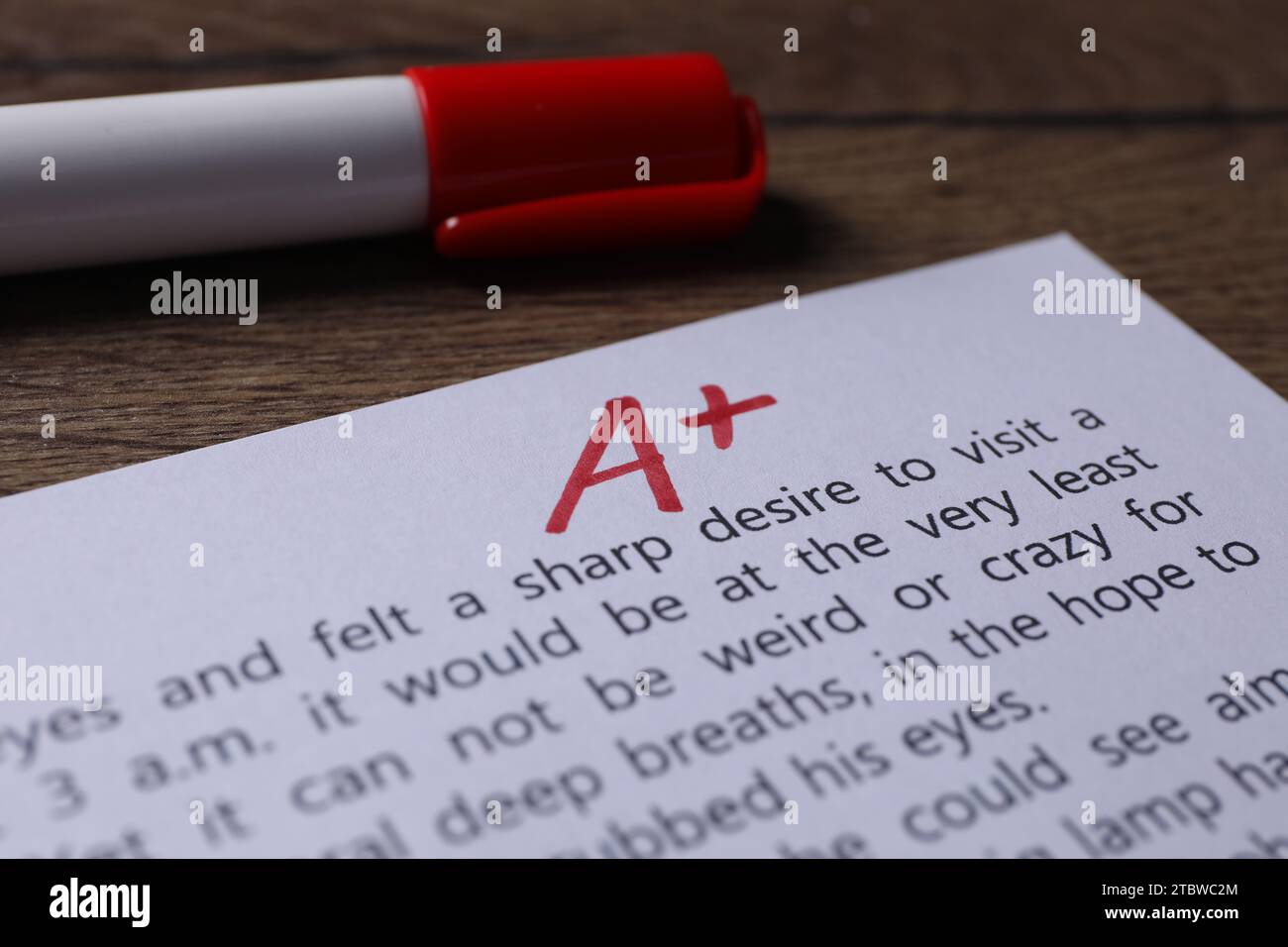 School grade. Sheet of paper with red letter A, plus symbol and marker ...