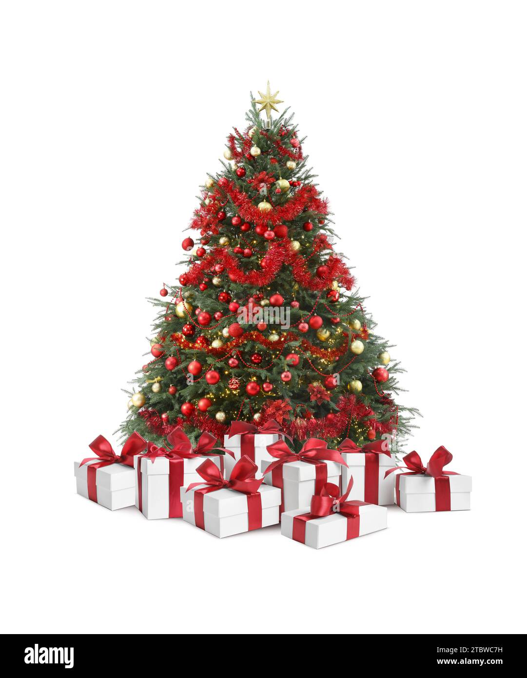 Beautiful Christmas tree with many gift boxes under on white background ...