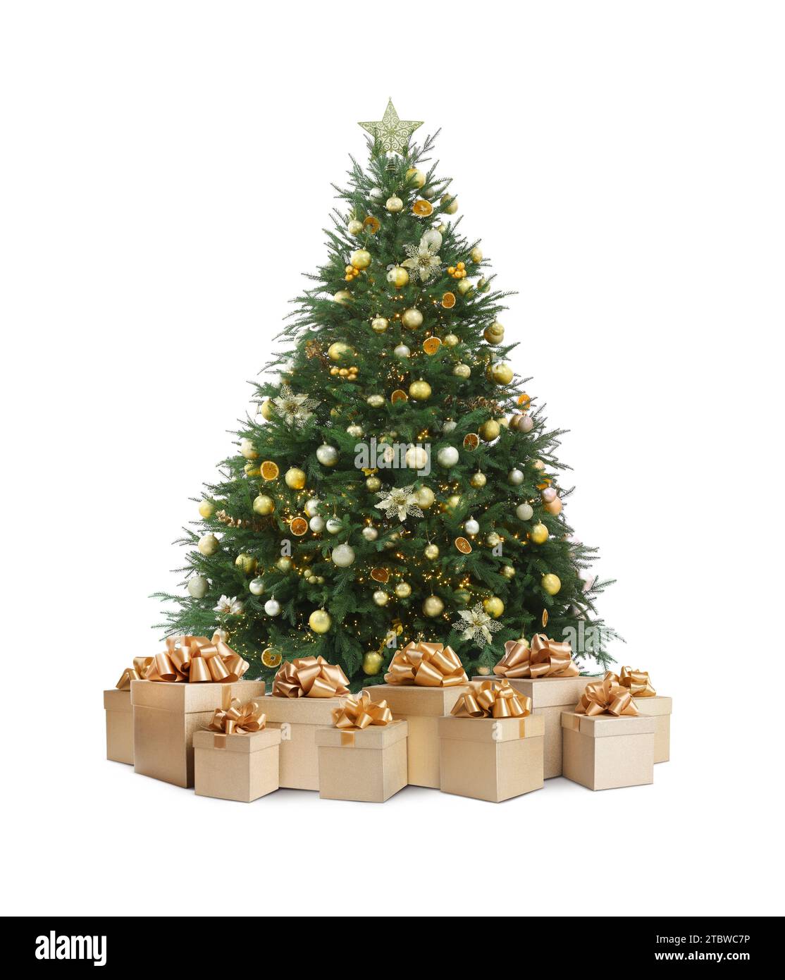 Beautiful Christmas tree with many gift boxes under on white background ...