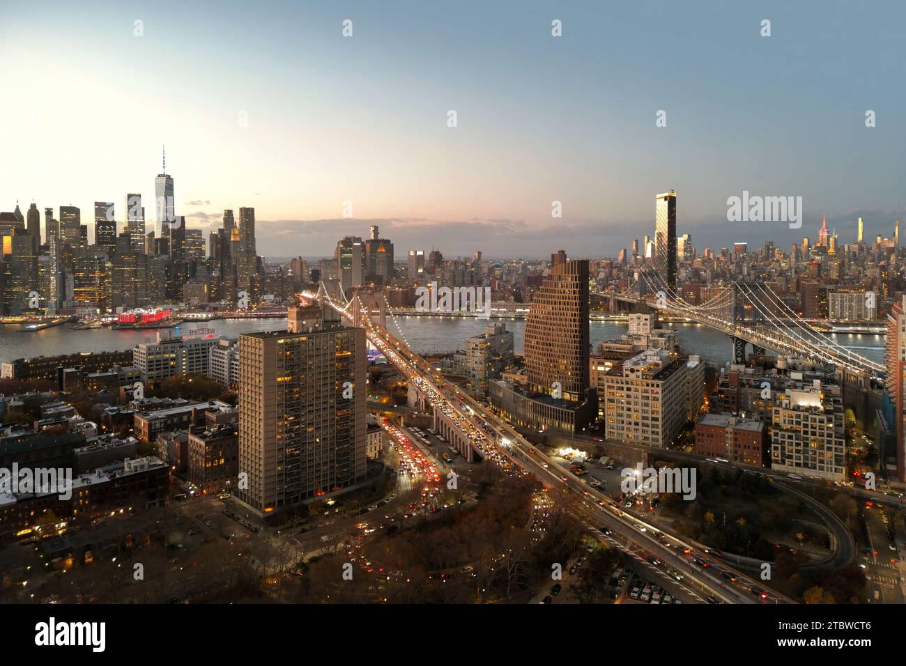 Aerial Brooklyn Bridge, New York City from drone. Top view of Buildings ...